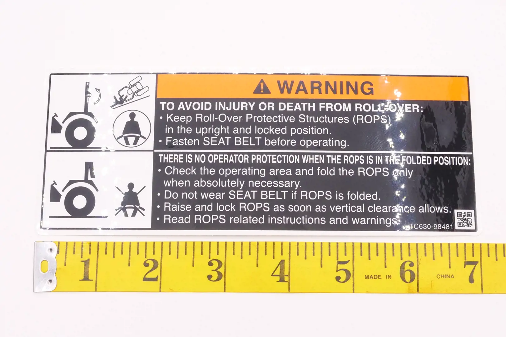 Kubota #TC630-98480 LABEL, ROPS WARN