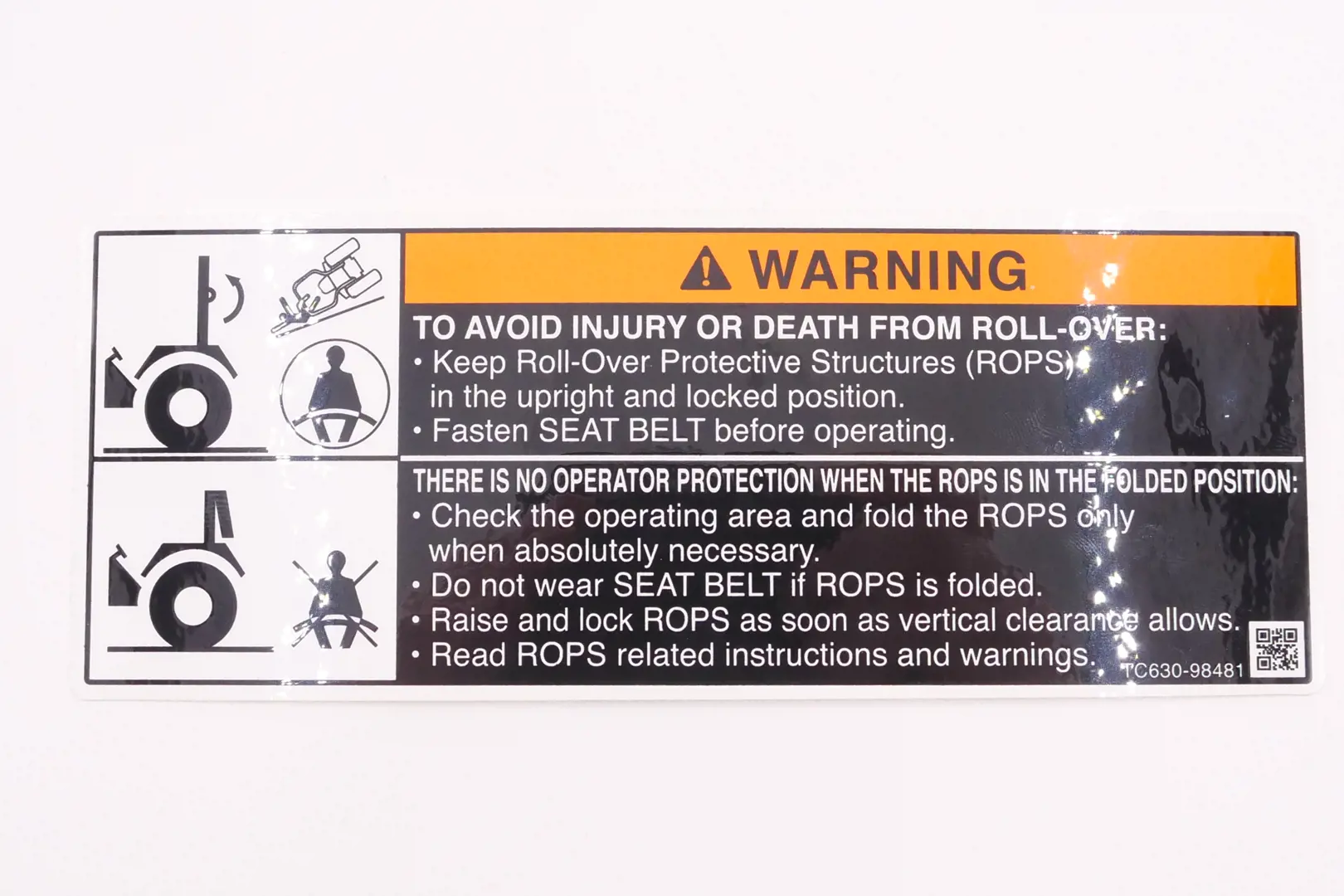 Kubota #TC630-98480 LABEL, ROPS WARN