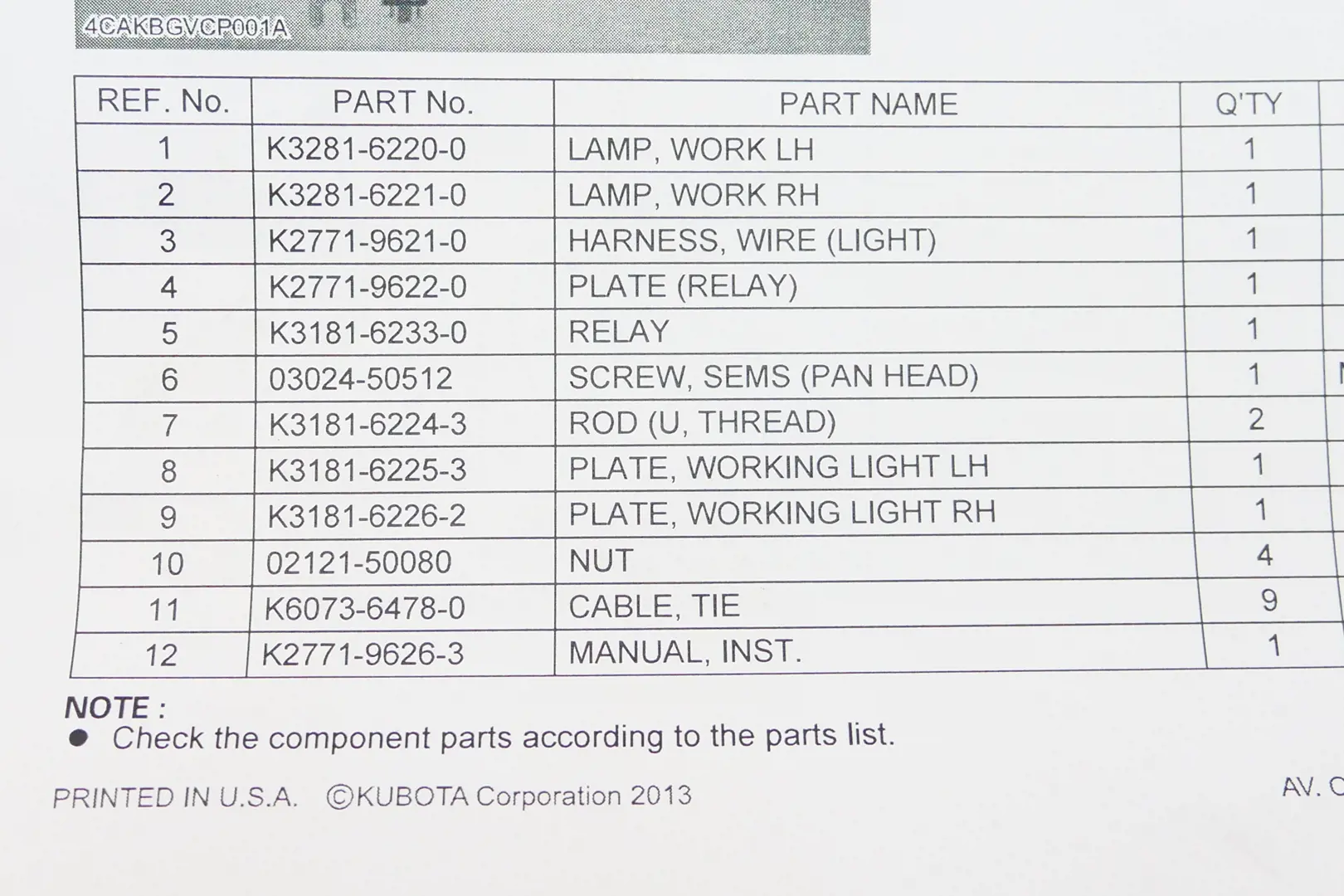 Kubota #BX7336 ROPS Mounted Light Kit for BX80 Series