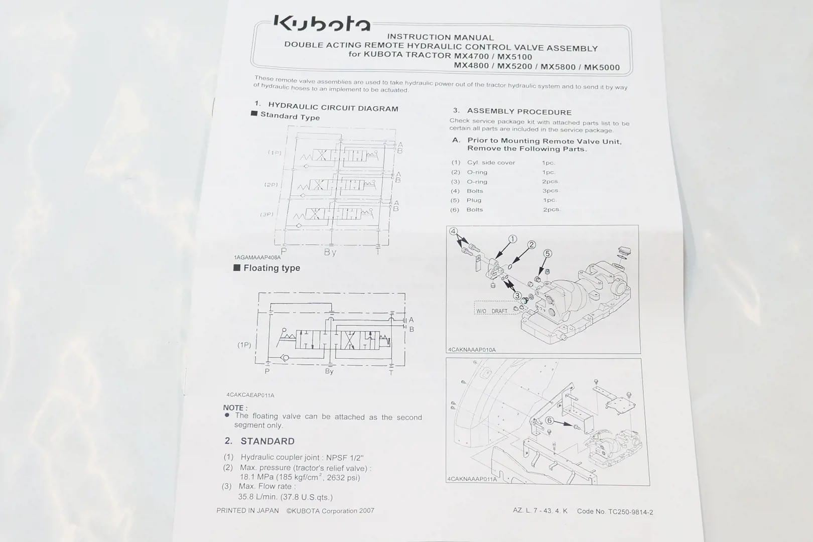 Kubota #MX8451-L8303 1st Position Rear Remote w/ Double Acting Valve ...